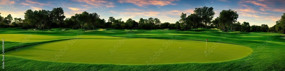 A sunny afternoon on the golf course - panoramic extra wide view of a ...