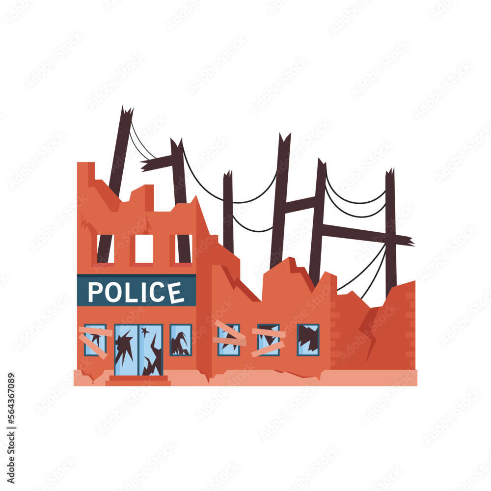 Ruined or abandoned police station after war or natural disaster ...