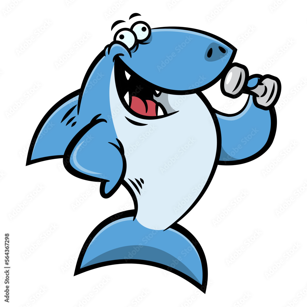 Cartoon illustration of Funny Shark lifting a barbell and show its ...