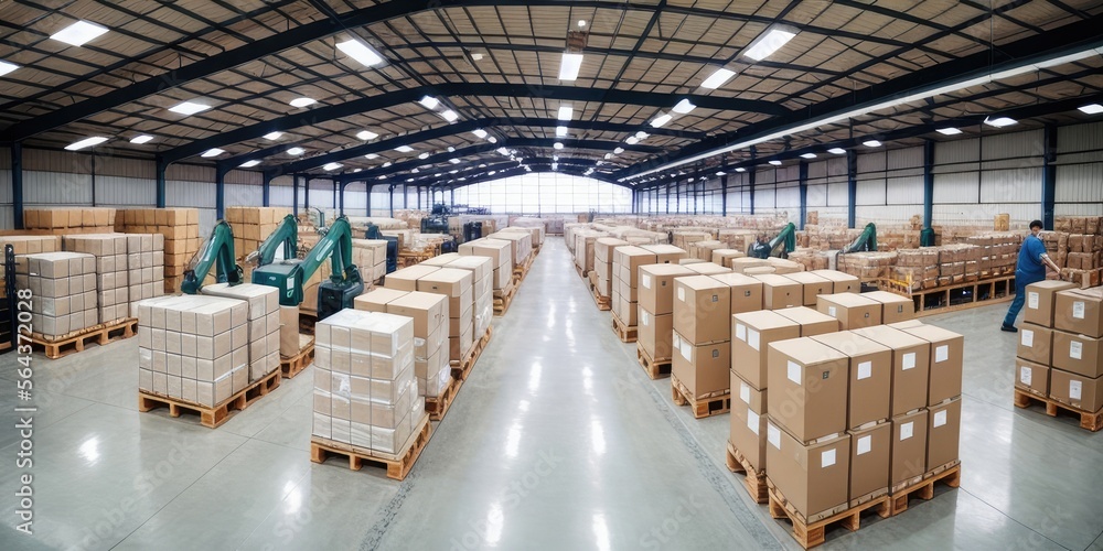 Warehouse with endless pallets of boxes and storage, robots and people ...
