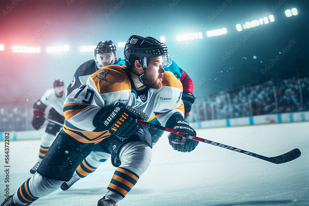 Athlete in action. Professional hockey player in the helmet and gloves ...