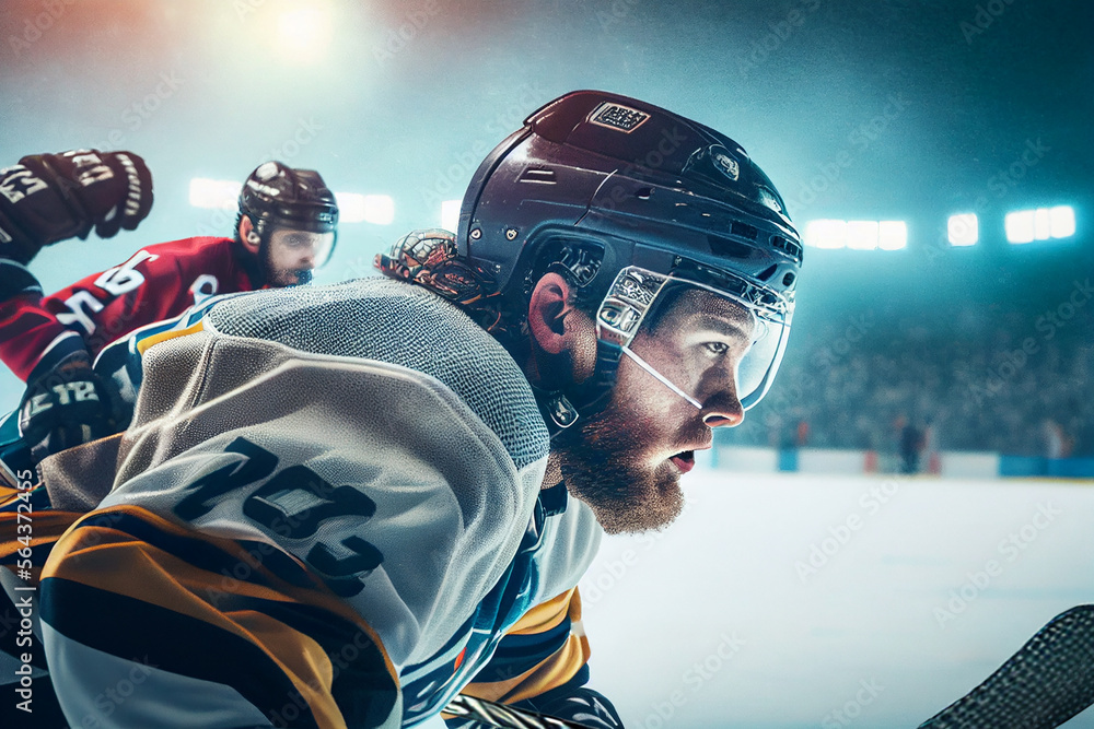 Athlete in action. Professional hockey player in the helmet and gloves ...