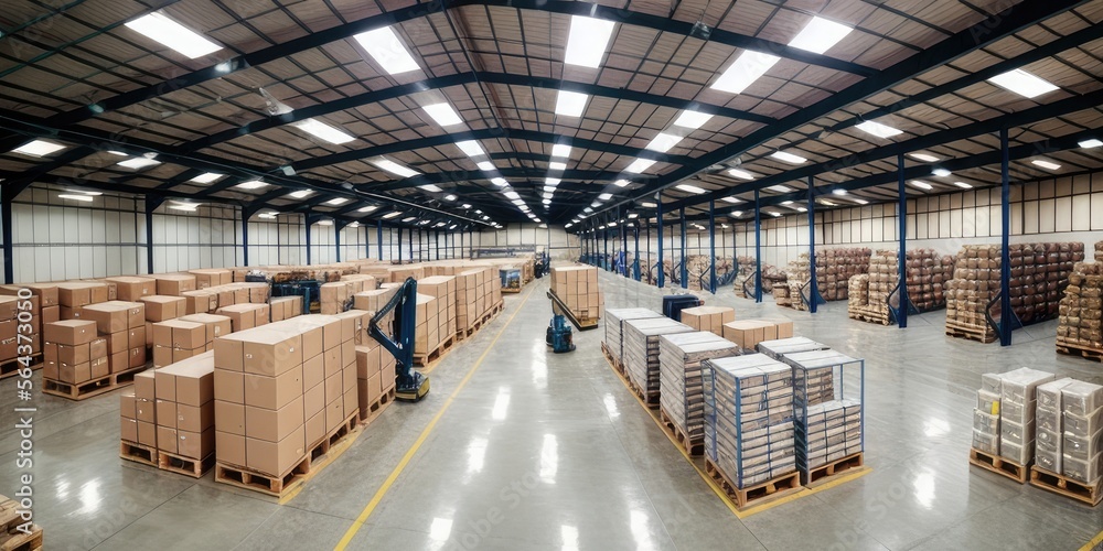 Warehouse with endless pallets of boxes and storage, robots and people ...