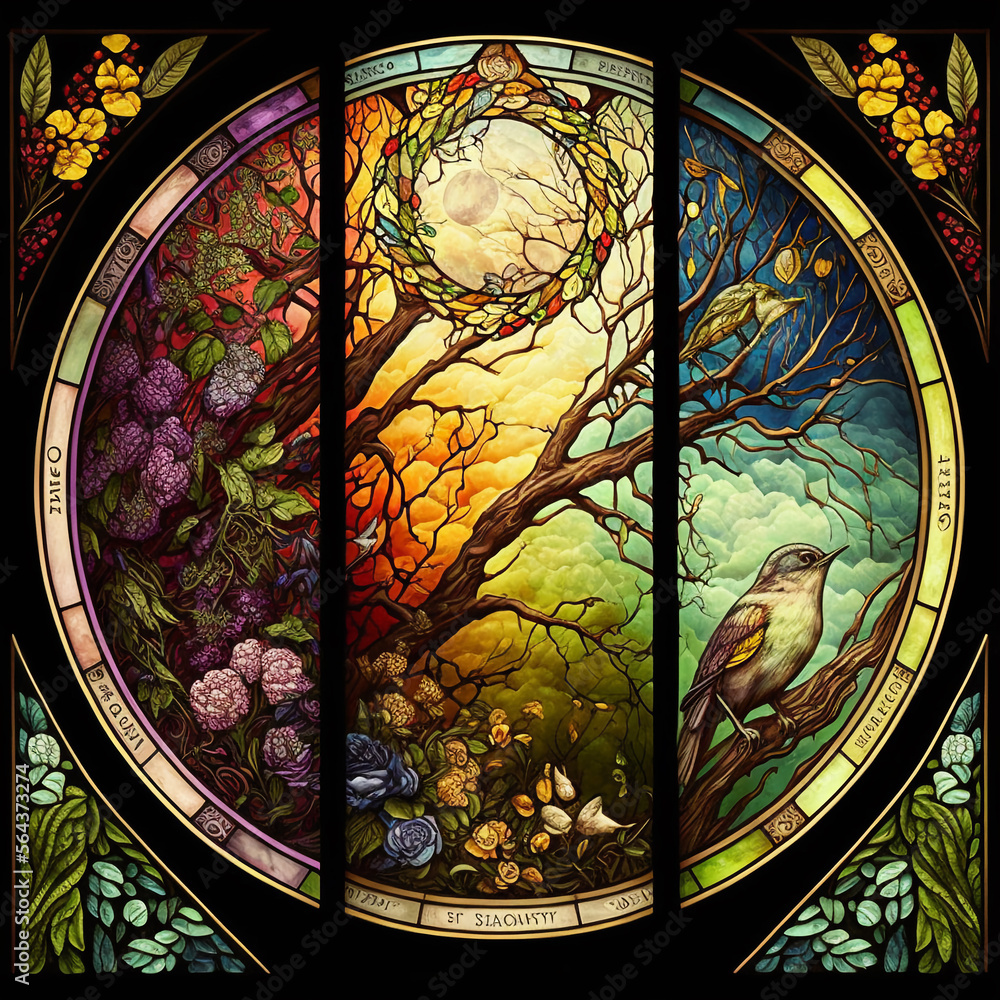Stained Glass Window Depicting the Changing Seasons with Trees and Bird ...