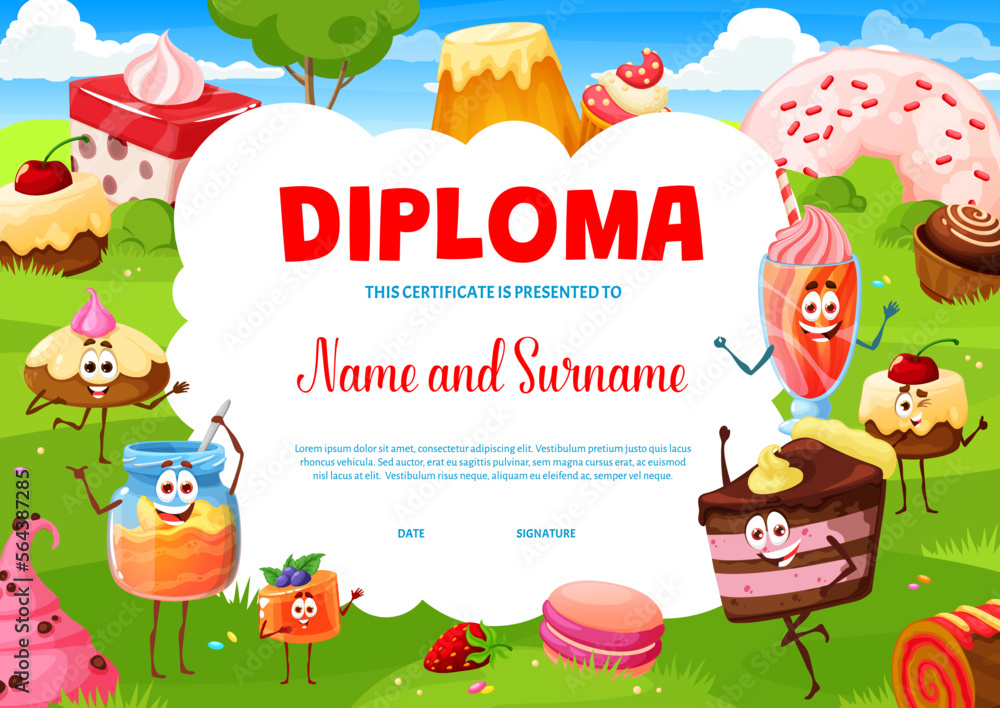Stock-Vektorgrafik „Kids diploma, cartoon sweets, desserts and cake ...