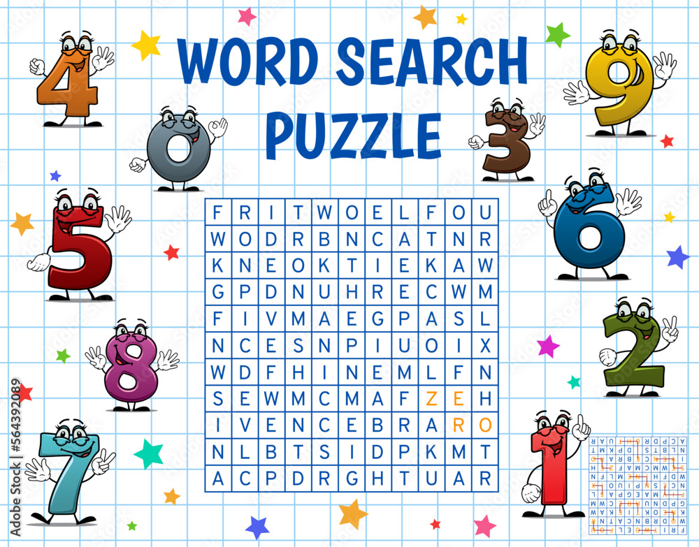 Cartoon school numbers and digits. Word search puzzle game worksheet ...
