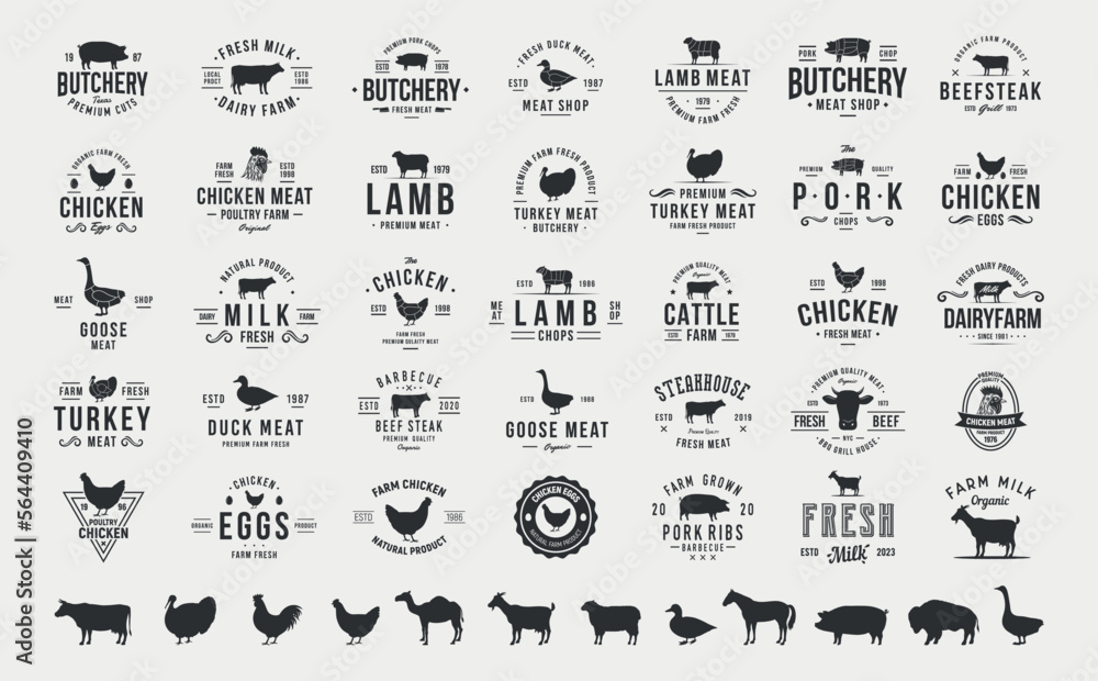 Vector set of signs, stamps and logos of Farm Animals. 12 Farm Animals ...