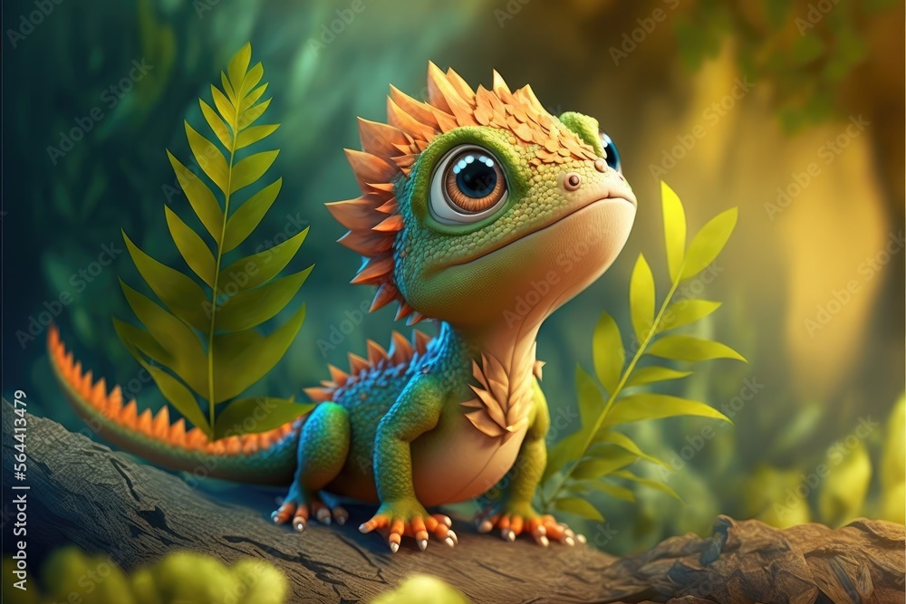 a cute adorable baby dragon lizard 3D Illustation stands in nature in the style of children ...
