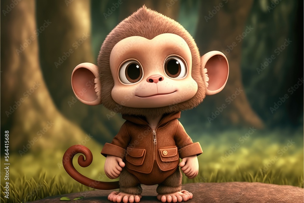 a cute adorable baby Monkey generative ai rendered in the style of children-friendly cartoon ...