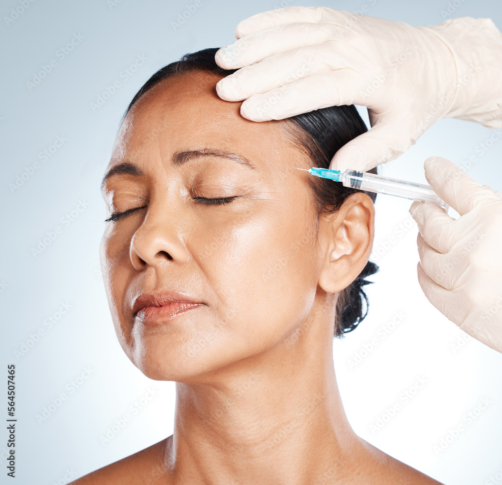 Needle, woman face and plastic surgery for medical skincare, collagen ...