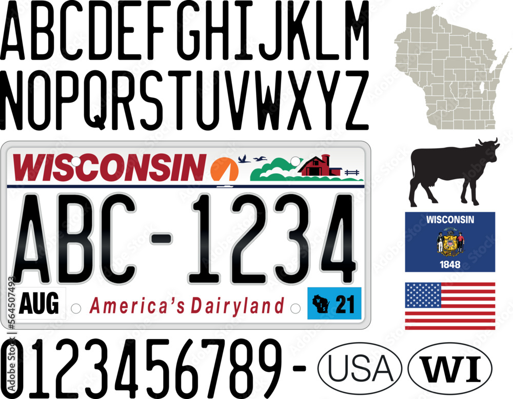 Wisconsin license plate, letters, numbers and symbols, USA, United ...