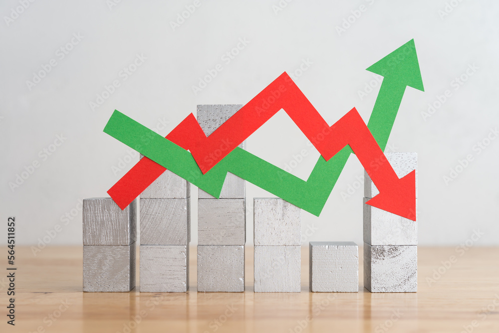 Wood bar chart and arrow red green graph chart volatility up and down ...