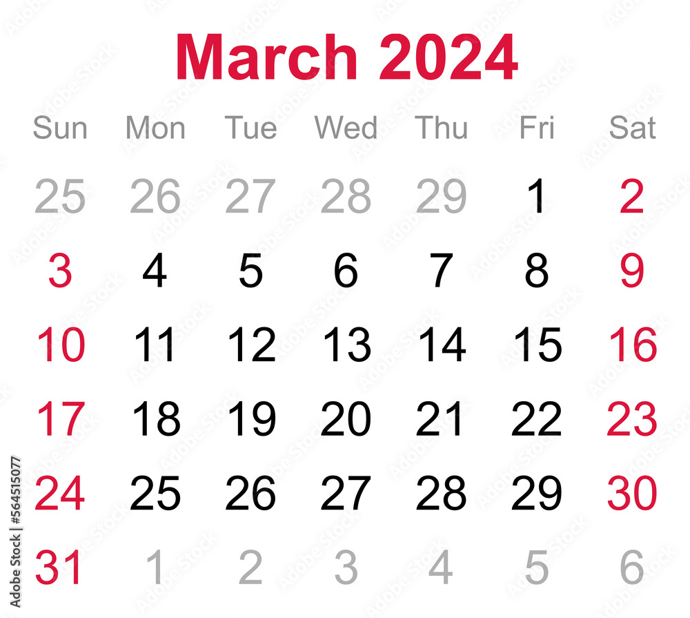 Monthly calendar of March 2024 on transparent background Stock ...
