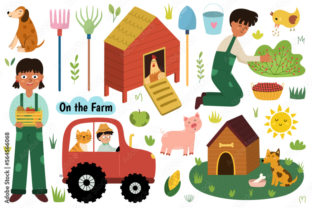 On the farm set with cute animals and kids farmers. Countryside life ...