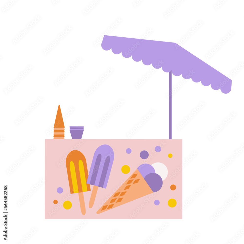 Ice cream stall. Street food seasonal meal. Flat cartoon vector ...