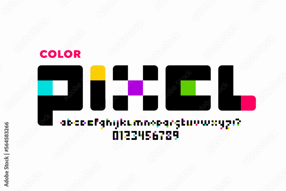 Color Pixel font, alphabet letters and numbers, vector illustration ...
