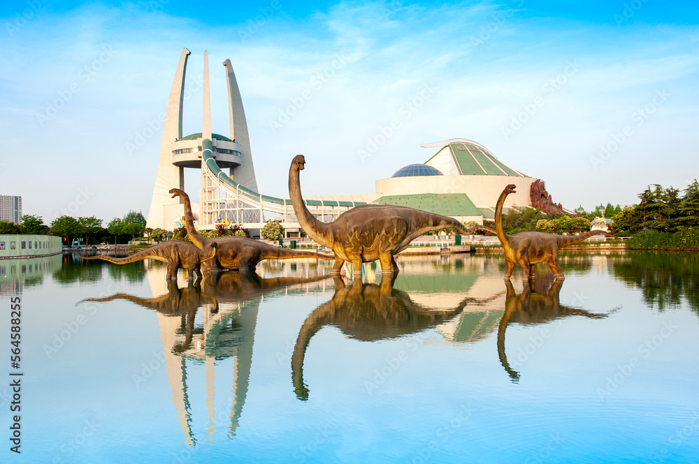 The exterior of the dinosaur hall in China Dinosaur Park. Changzhou ...