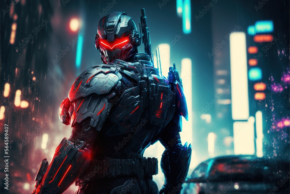 Armed super soldier with supersonic gun in the cyber city. cyberpunk ...