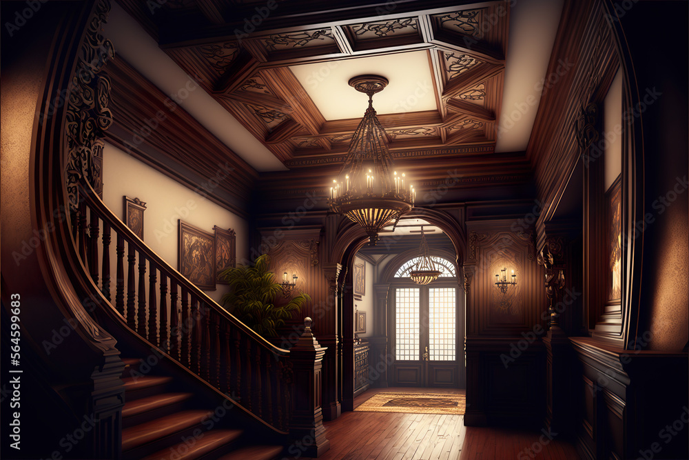 Art deco style victorian hall ceiling interior design with wooden wall ...