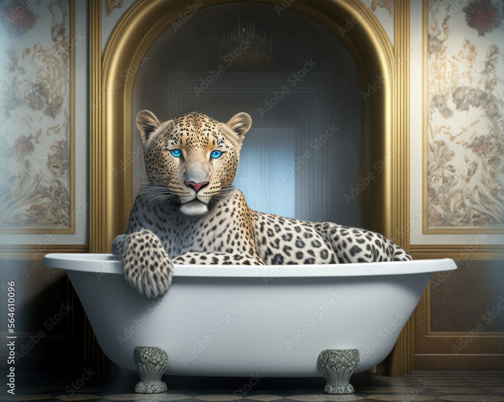 Leopard taking bath in the bathroom. Big feline in the bathtub. AI ...