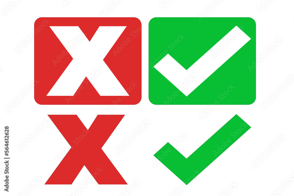 Green check mark, red cross mark icon set. Isolated tick symbols, checklist signs, approval ...