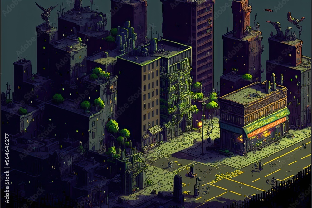 Ilustración de Stock Pixel art city in zombie apocalypse, background in ...