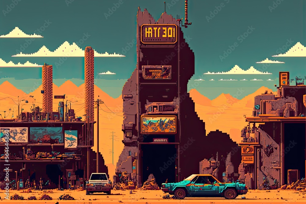 Pixel art destroyed city in post-apocalyptic world, background in retro ...