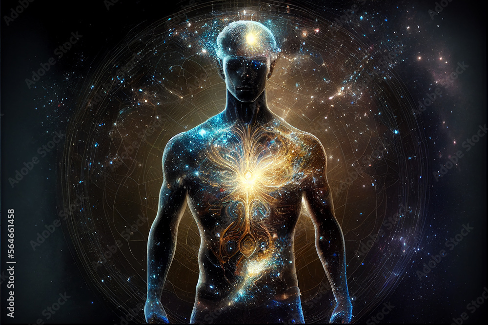 Astral body silhouette with abstract space background. Esoteric ...