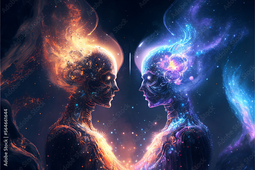 Man and woman silhouettes at abstract cosmic background. Human souls ...