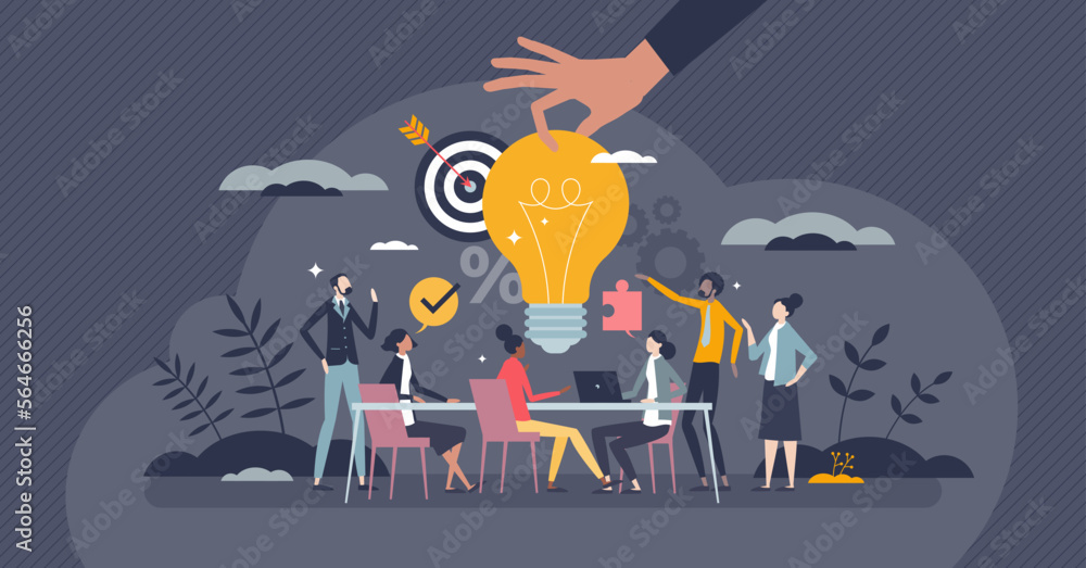 Brainstorming office team and new idea generating process tiny person concept. Creative and ...