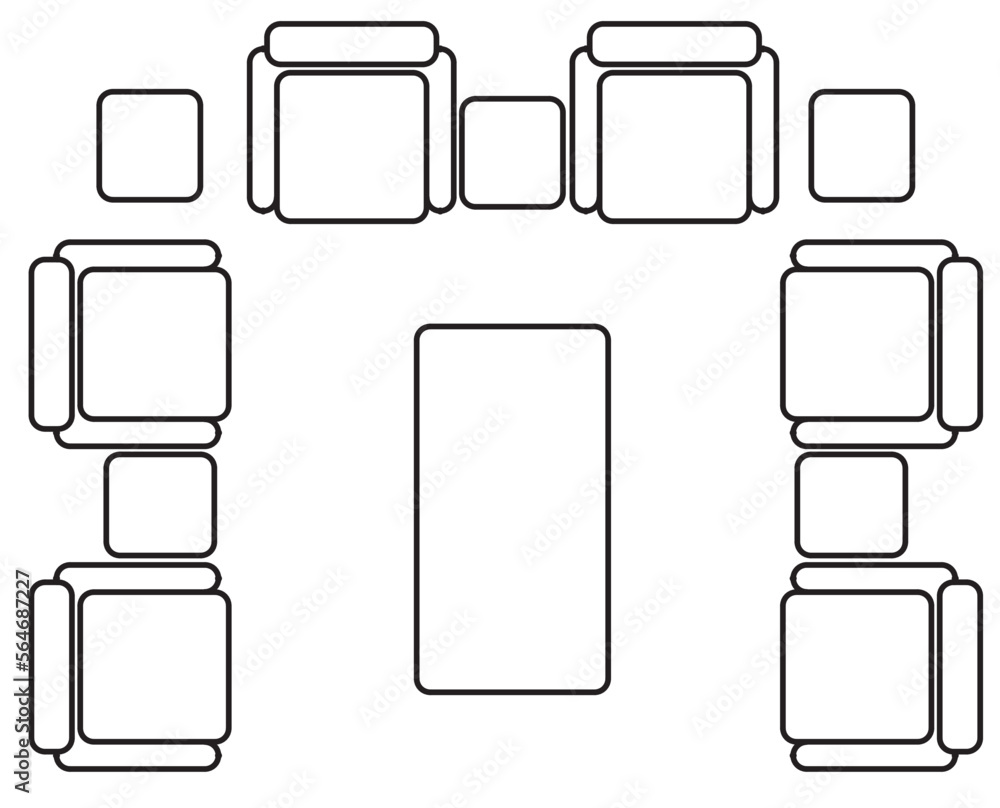 2D graphic drawing of the top view layout of the sofa set and its side ...