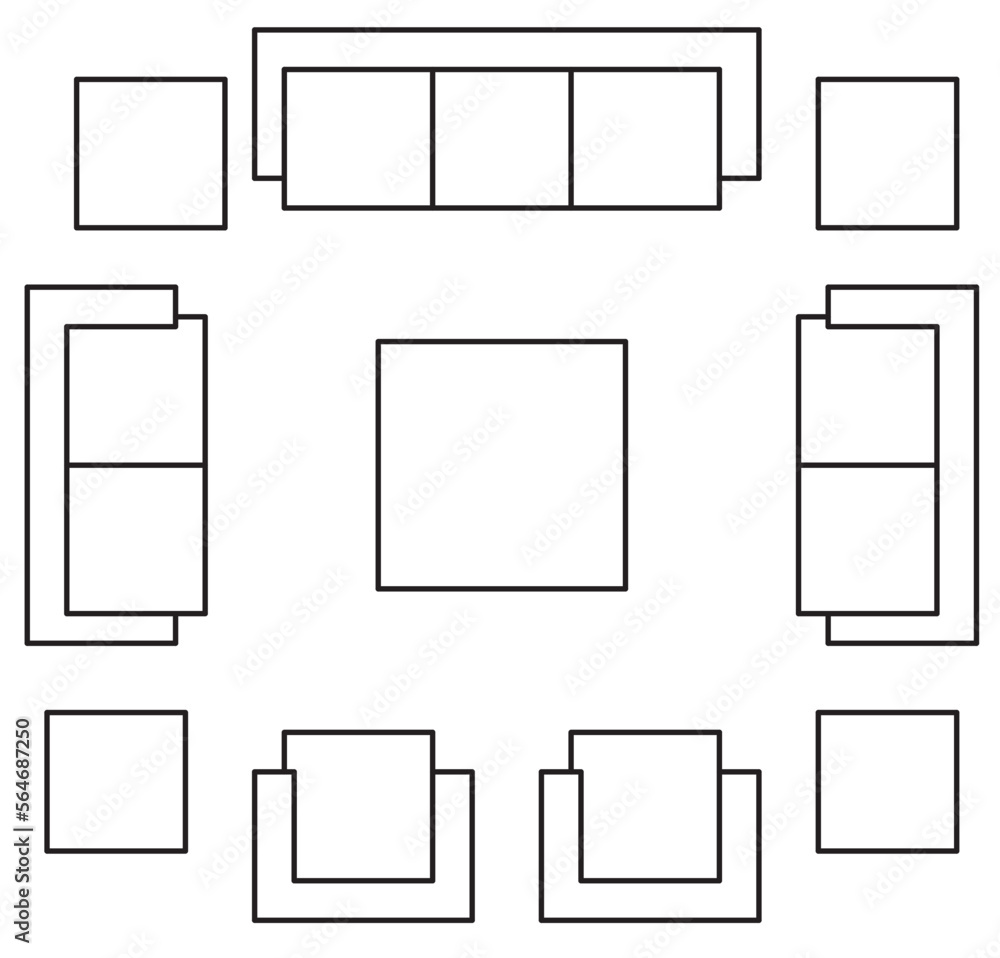 2D graphic drawing of the top view layout of the sofa set and its side ...