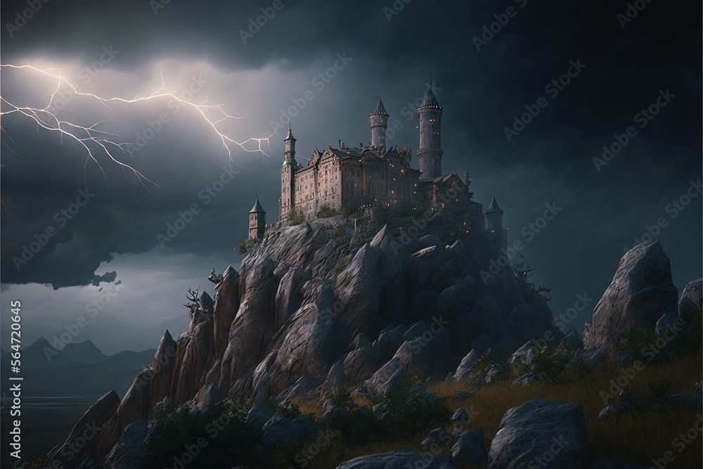 a castle on a rock with lightning in the background and a dark sky with ...