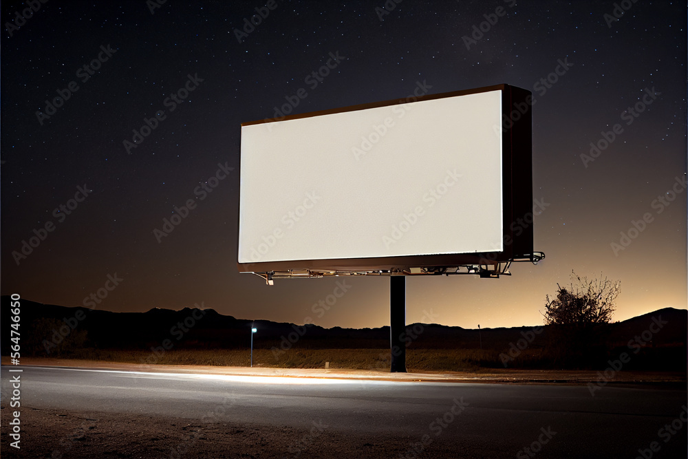 Mockup of a white blank wide billboard for advertisements along the country road at night ...