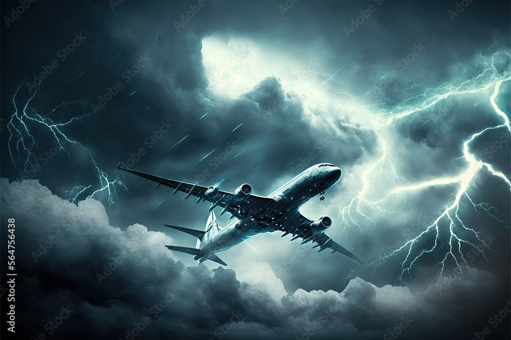 high resolution picture of an Airplane flying under heavy storm clouds ...