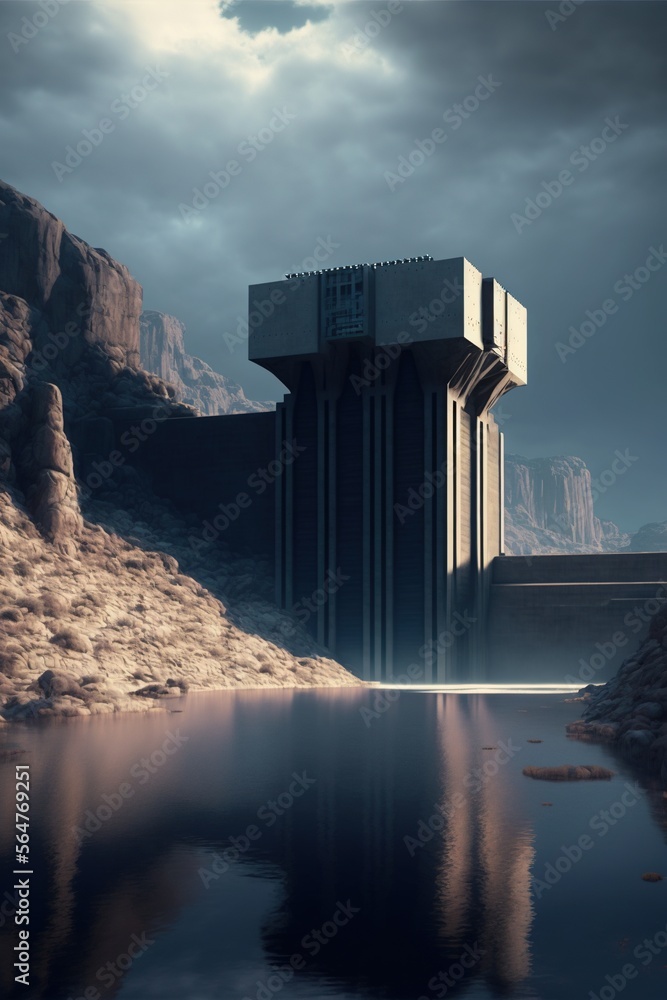 A futuristic colossal brutalist dam over the Grand Canyon in a dark ...