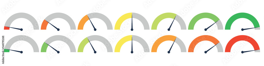 Set of speedometer, speed dial indicator. Green and red, low and high ...