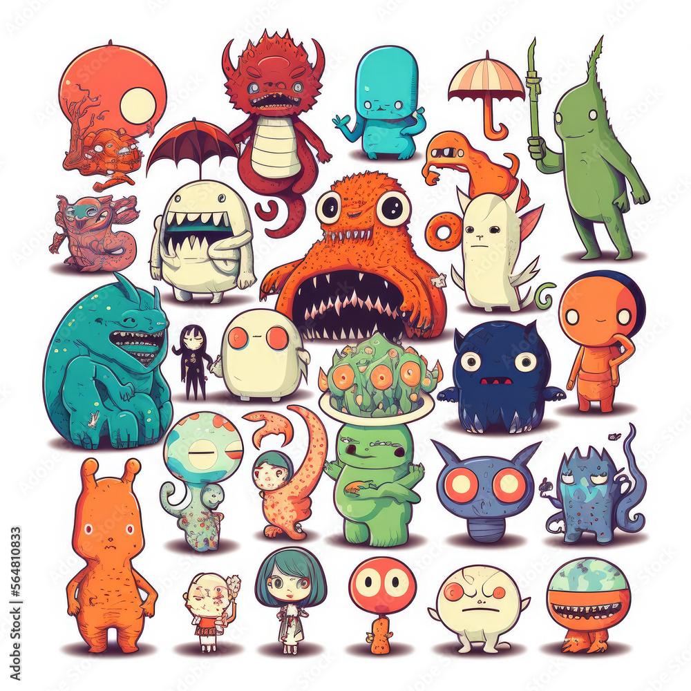 set of colorful cartoon creatures and monsters illustration sprite ...