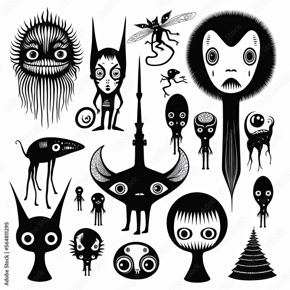 set of black and white doodle creatures and monsters illustration ...