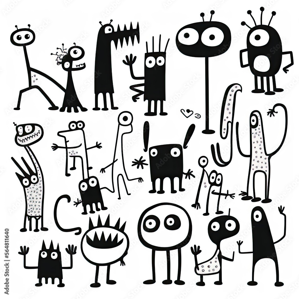set of black and white doodle creatures and monsters illustration ...