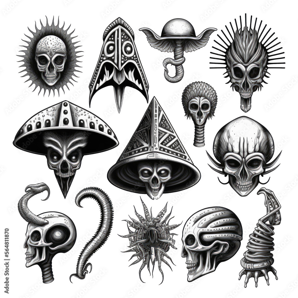 set of black and white masks helmets skull faces line drawing ...