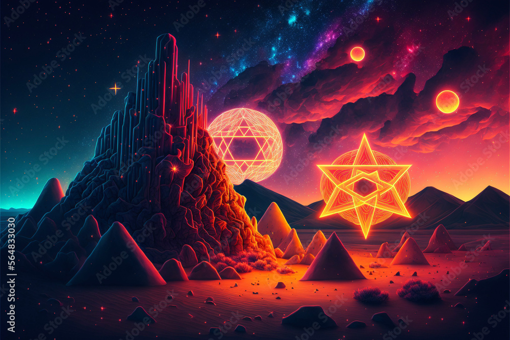 Surreal Psychedelic Trippy Desert Mountain Galaxy Landscape with Neon ...