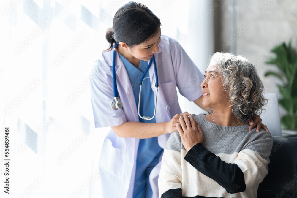 Femalr doctor give empathy encourage retired patient sit on sofa at ...