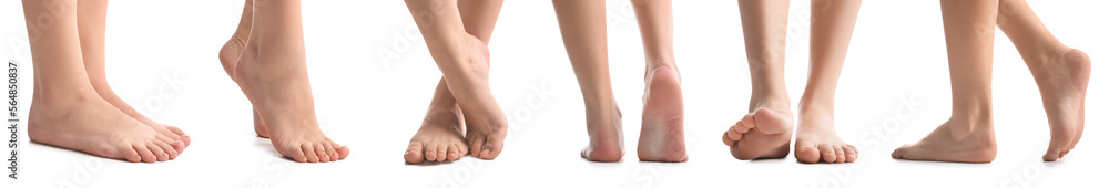 Collage of female bare feet on white background Stock Photo | Adobe Stock