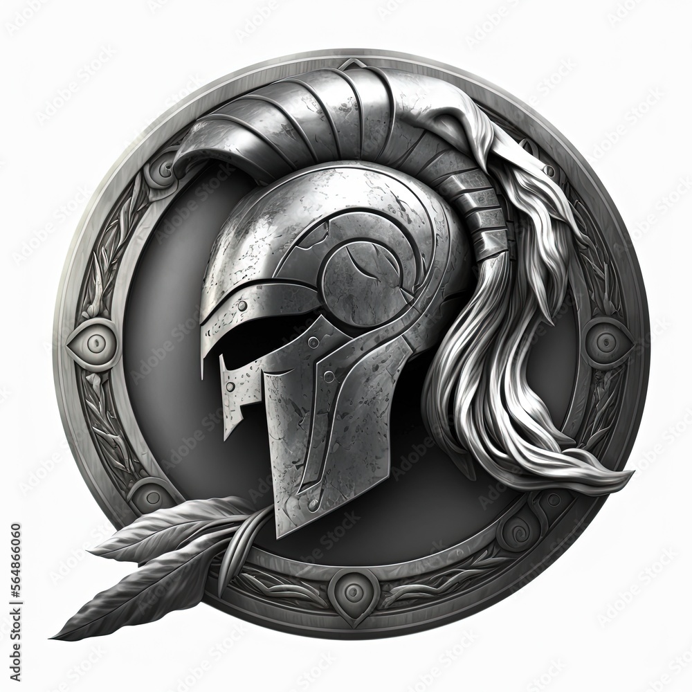 Spartan helmet emblem illustration in silver circle, logo, white ...