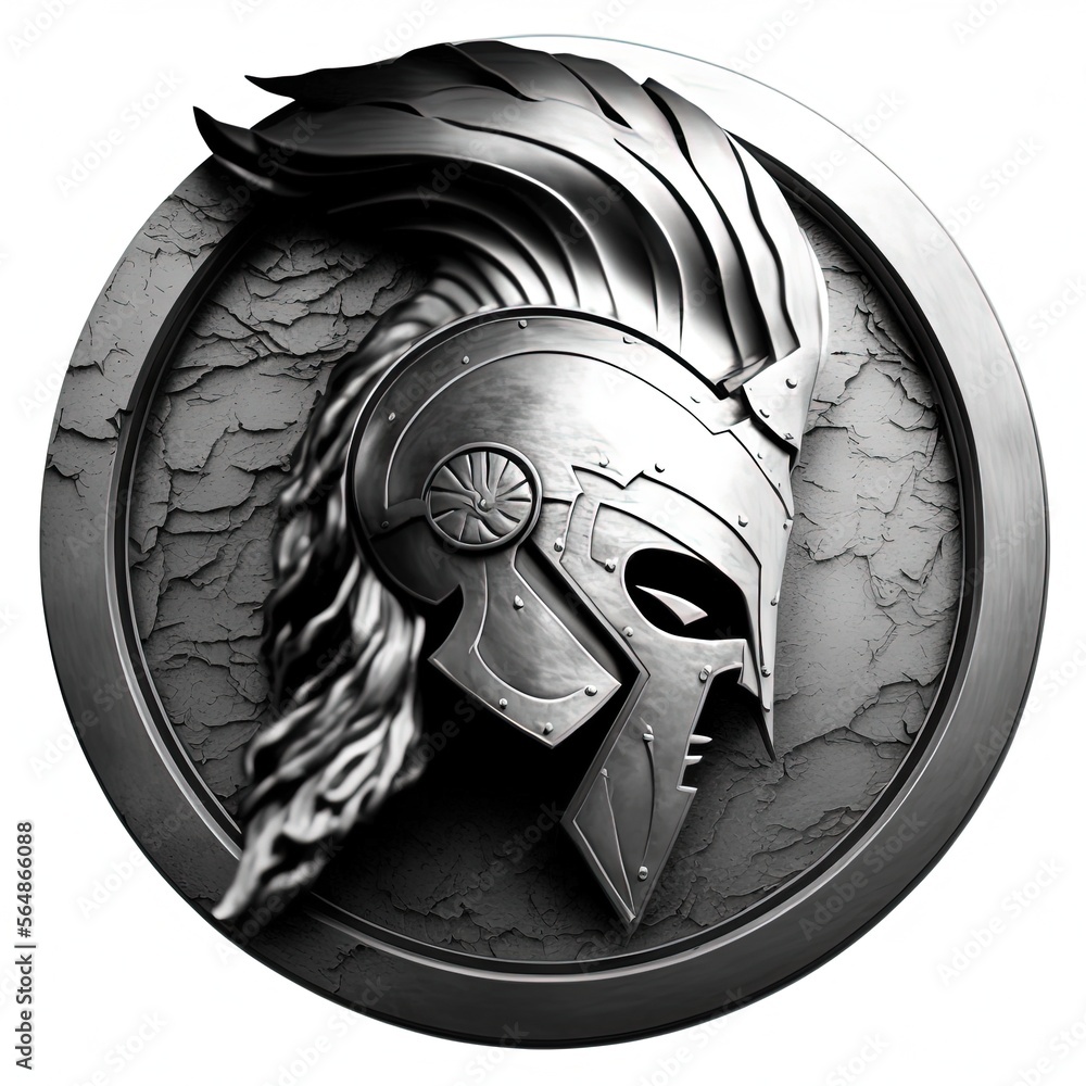 Spartan helmet emblem illustration in silver circle, logo, white ...