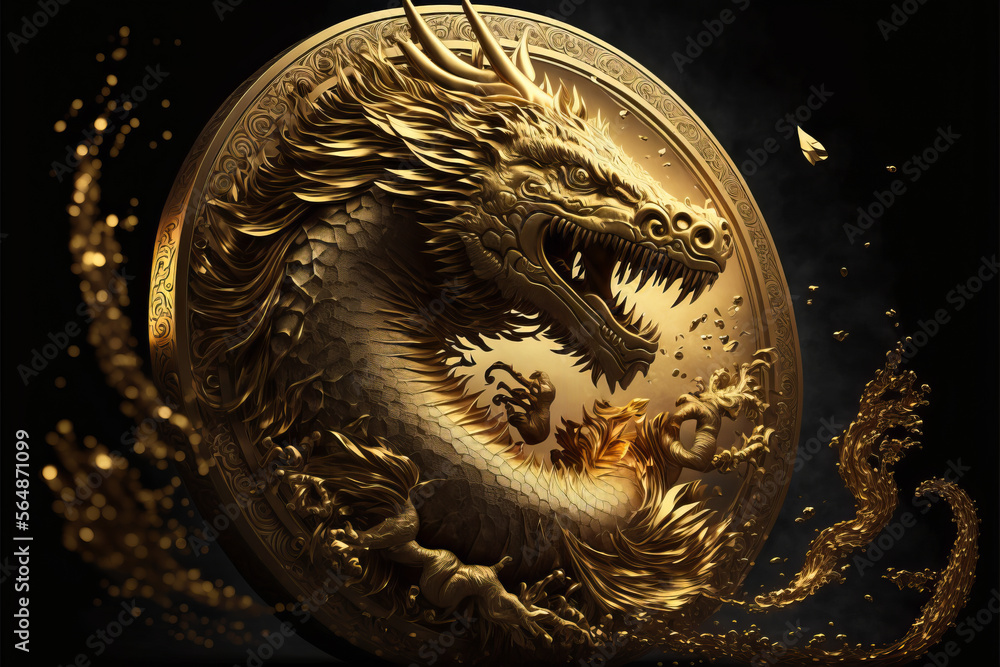 Gold Dragon and Gold coin, symbolic of power and wealth, China dragon ...