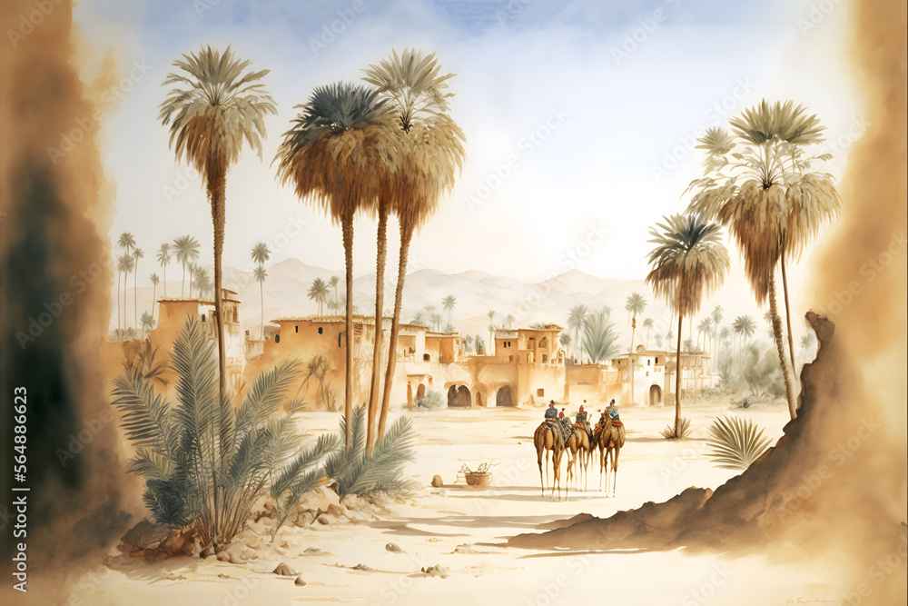 Watercolor painting, a landscape of the Arabian Peninsula in the past ...