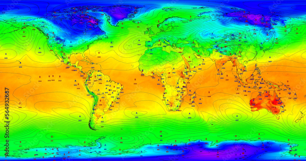 Mapa meteorológico global con temperaturas y presión atmosférica con ...