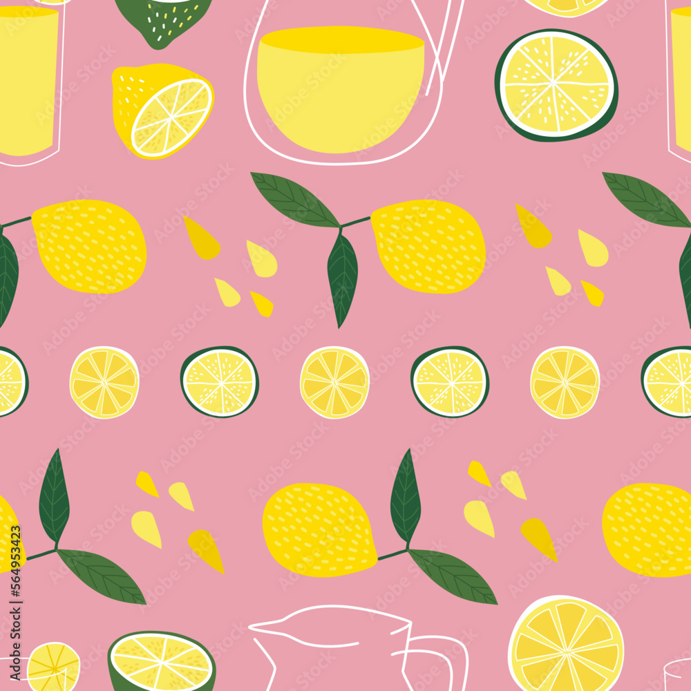 Lemonade jug and glass. Lemon clipart in green and yellow on pink background. Citrus Fruit ...